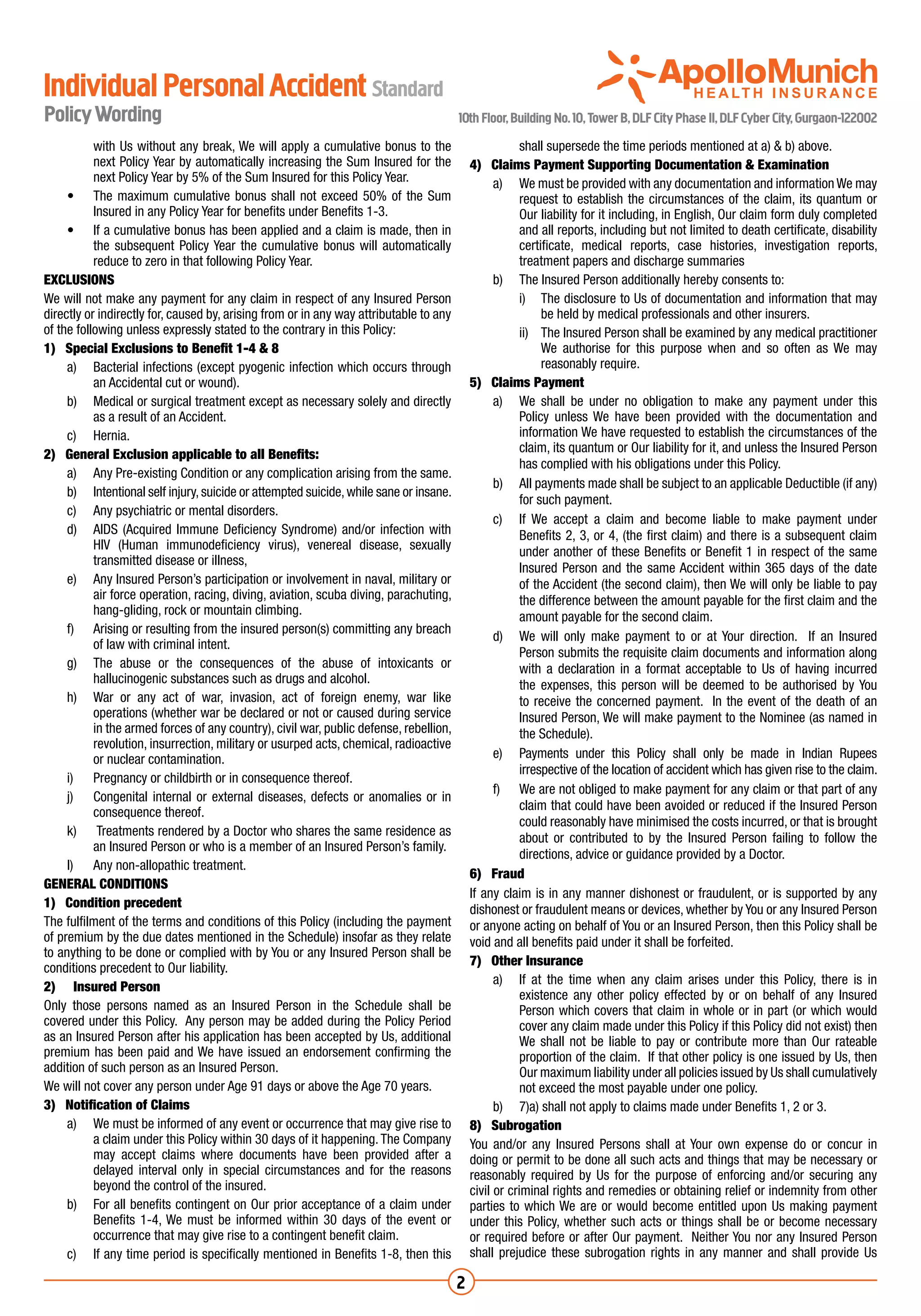 Apollo Munich Individual Personal Accident Insurance Policywordings ...