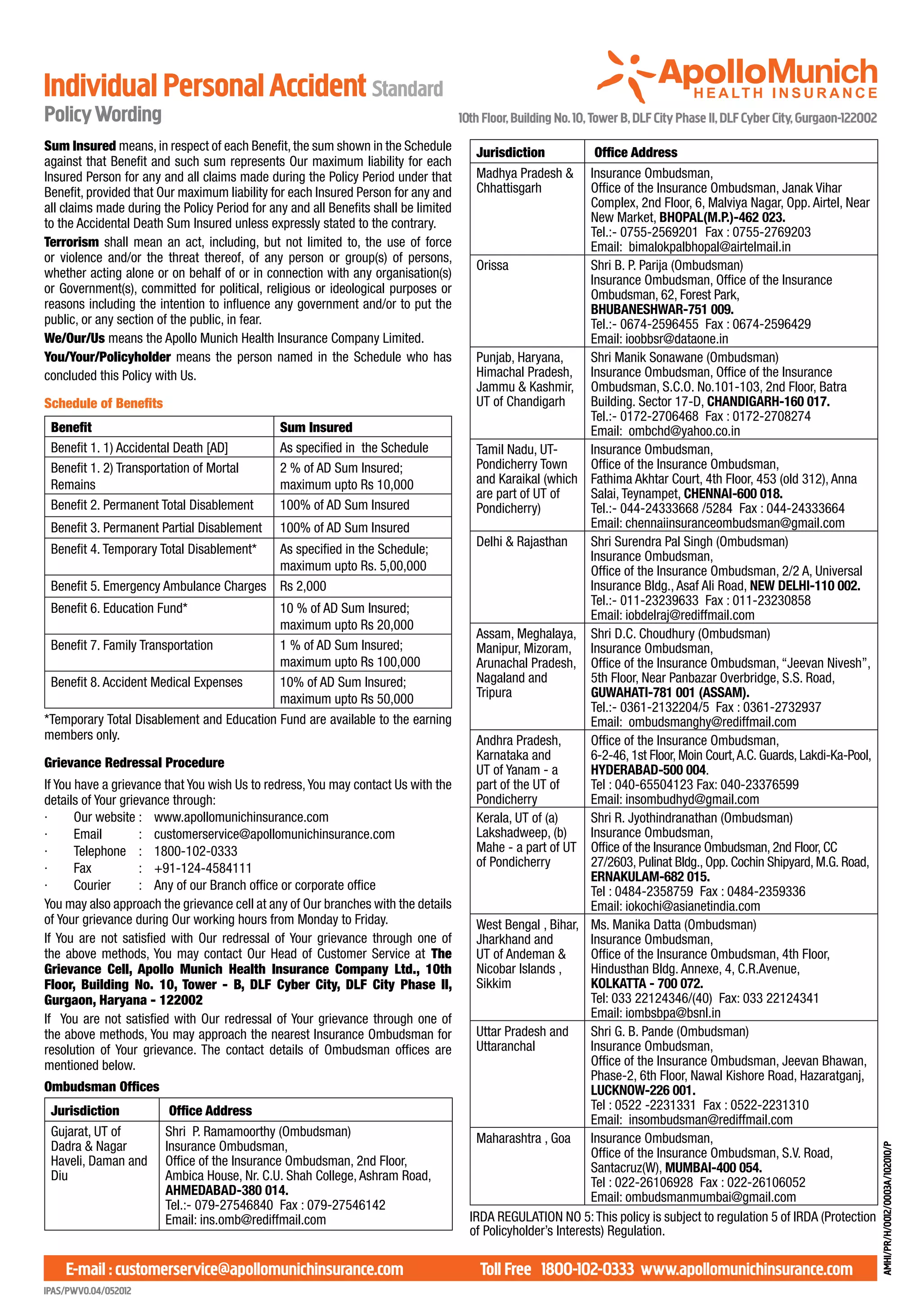 Apollo Munich Individual Personal Accident Insurance Policywordings ...