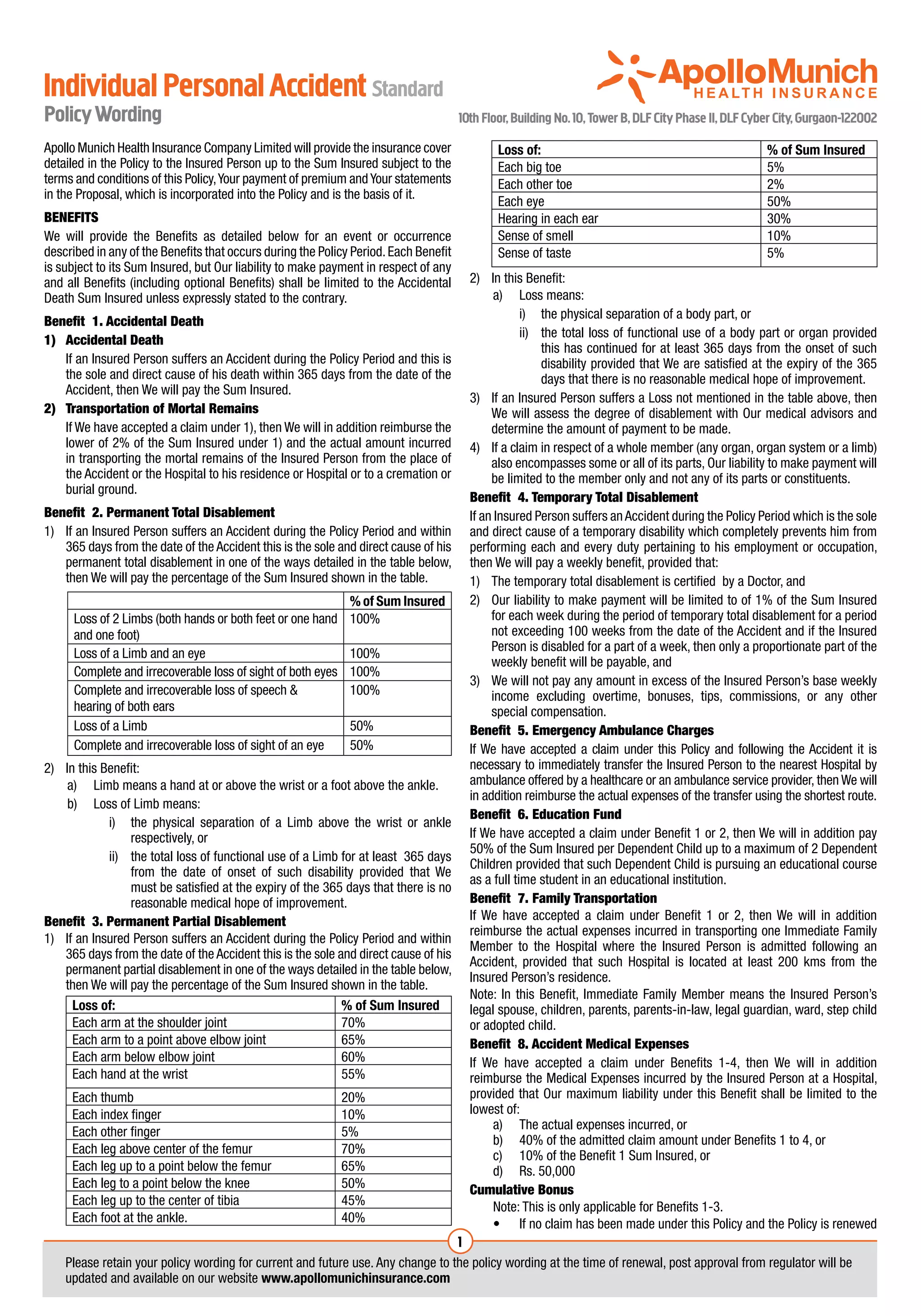 Apollo Munich Individual Personal Accident Insurance Policywordings ...