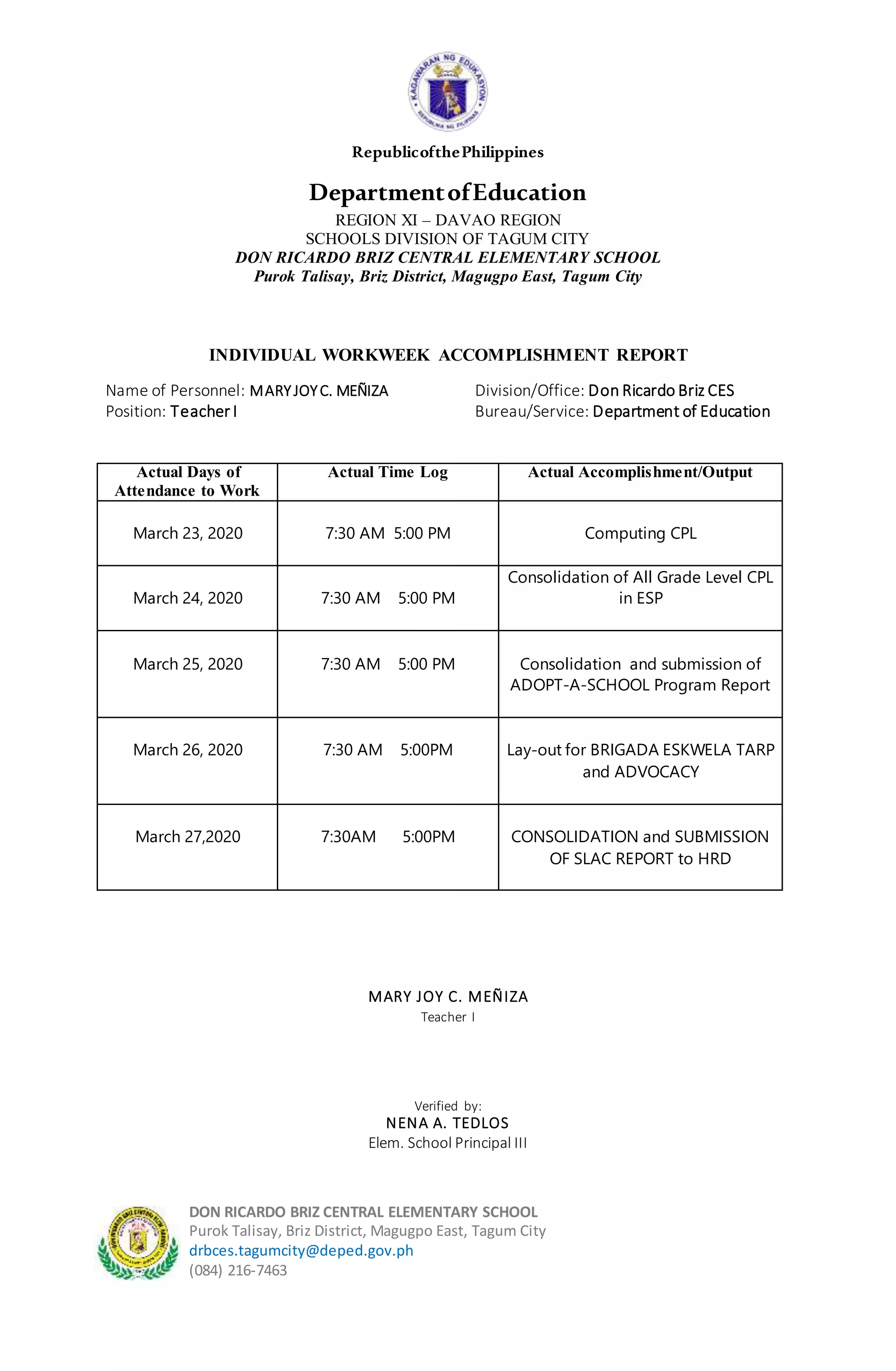 Individual Workweek Accomplishment Report Lyneth Docx