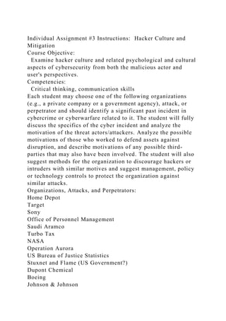Individual Assignment #3 Instructions Hacker Culture and Mitigatio.docx