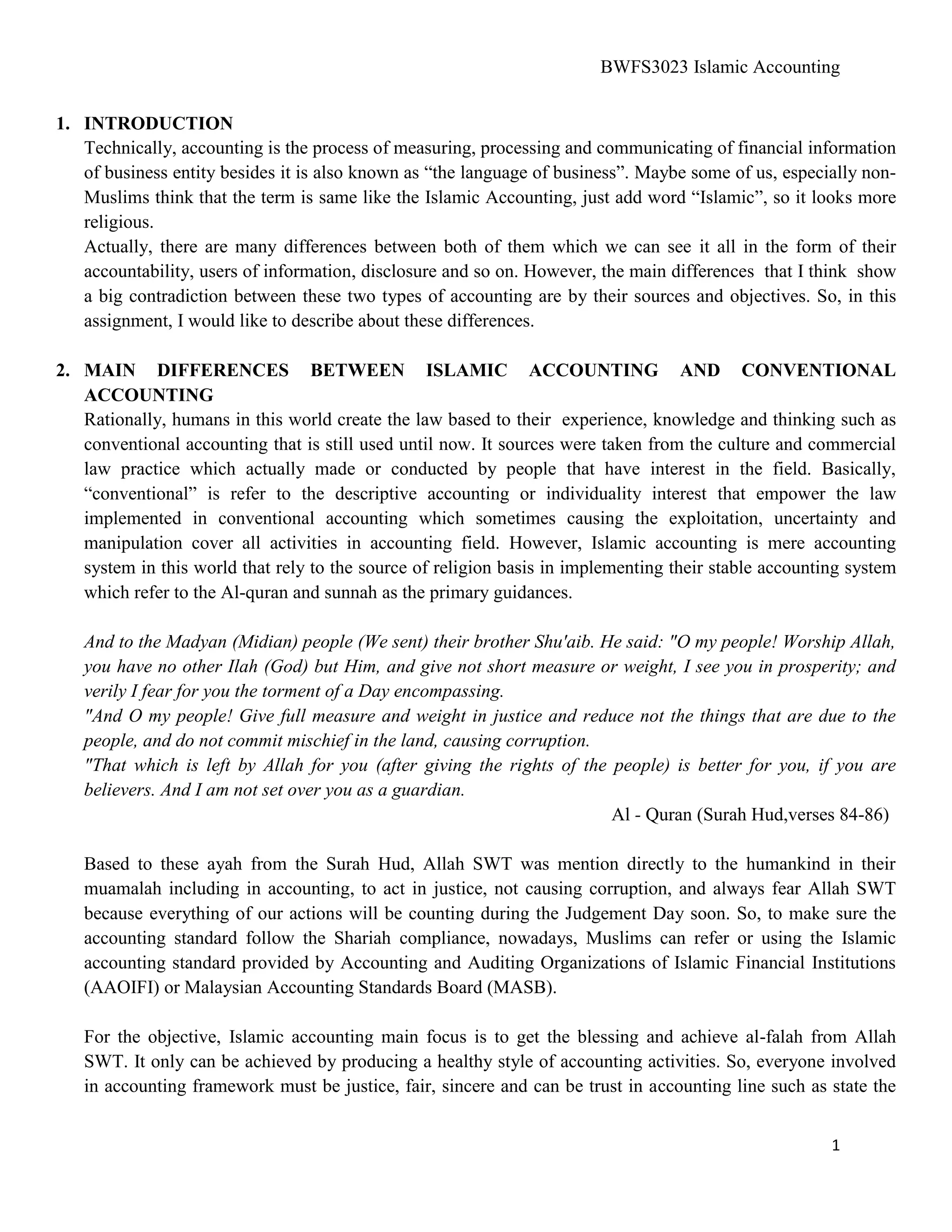 2. MAIN DIFFERENCES BETWEEN ISLAMIC ACCOUNTING AND CONVENTIONAL ...