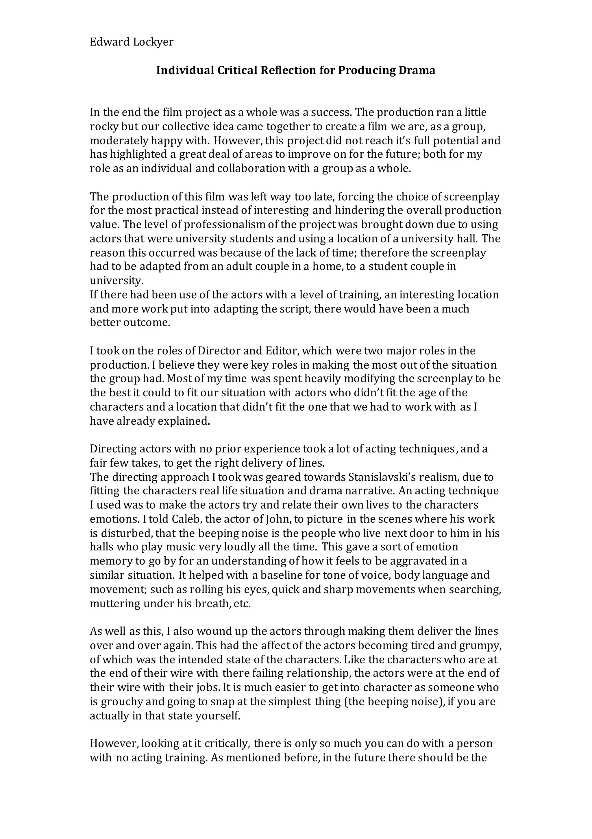 Individual critical reflection for producing drama | DOCX