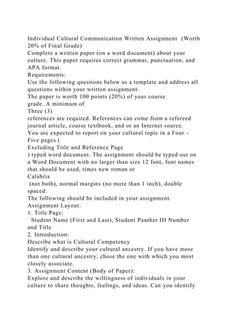 Individual Cultural Communication Written Assignment (Worth 20 of .docx