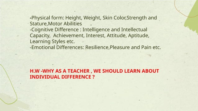 Individual Differences Concept,Causes, Areas, E.I of I.D.pptx | Educational Assessment | Education