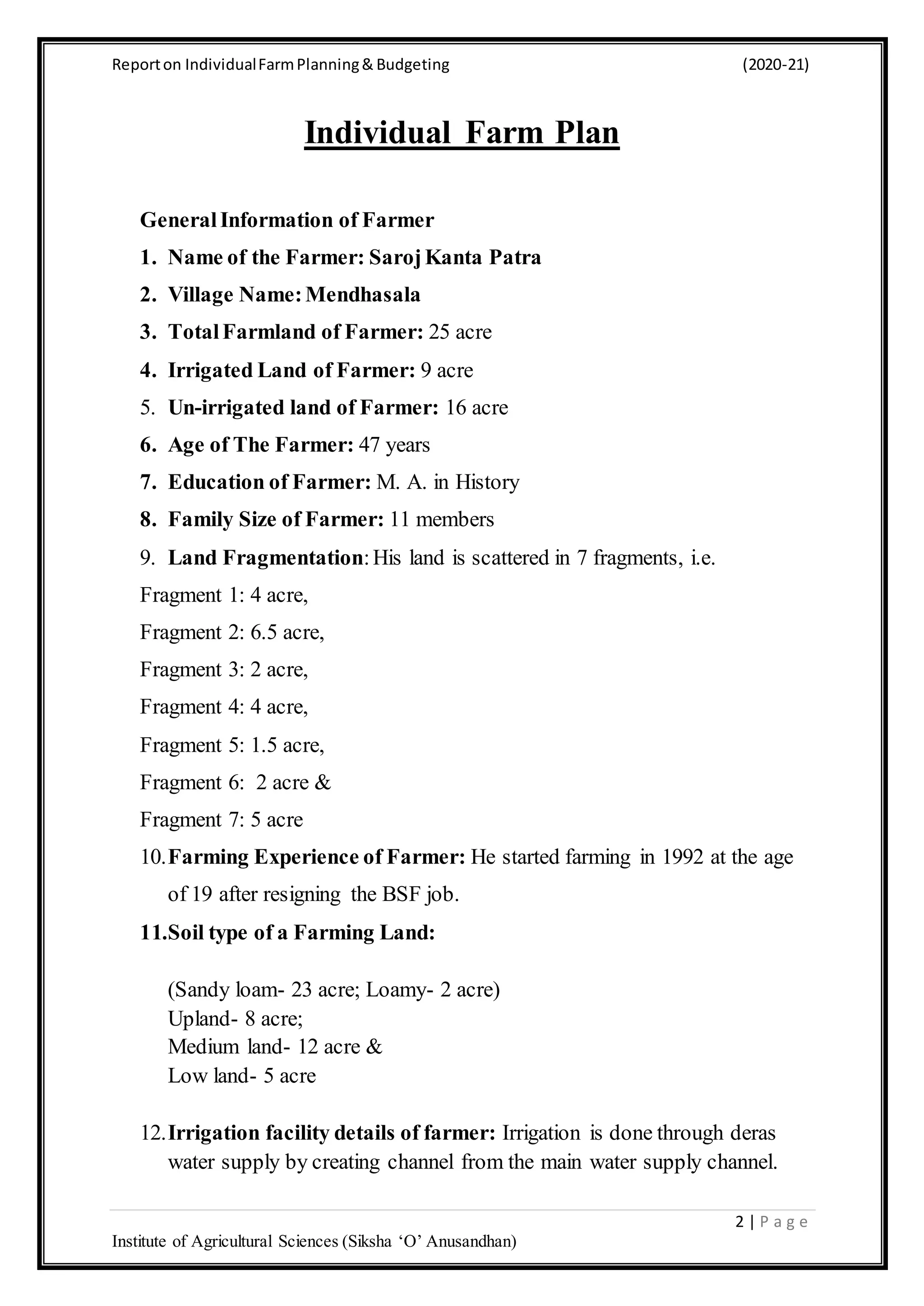 A REPORT ON INDIVIDUAL FARM PLAN | DOCX