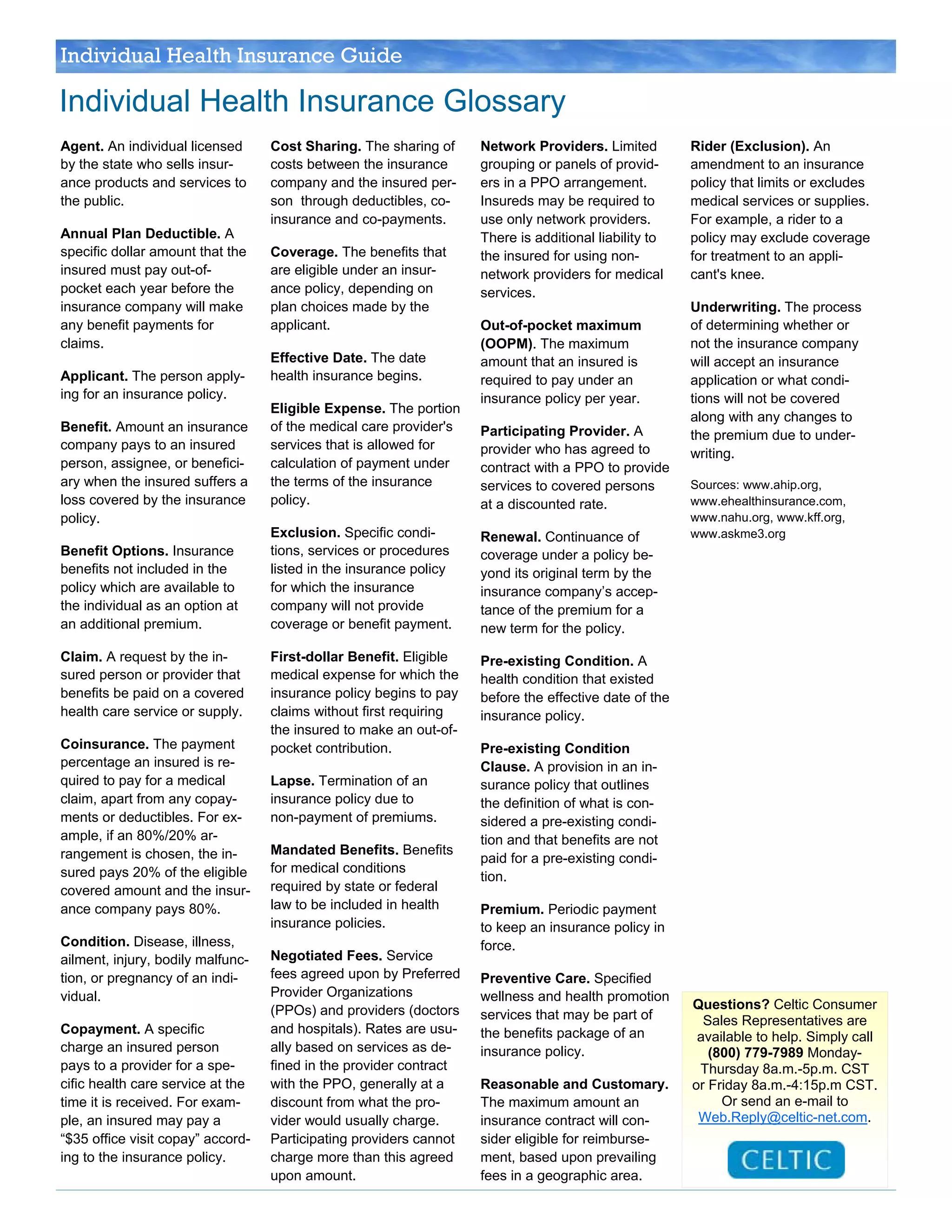 Individual Health Insurance Glossary | PDF