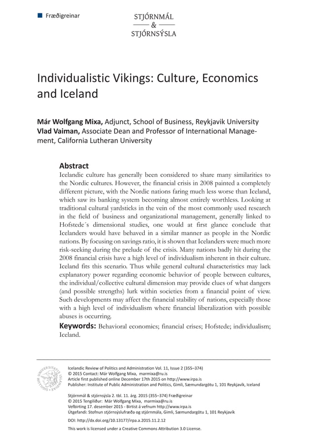 Individualistic Vikings: Culture, Economics and Iceland | PDF