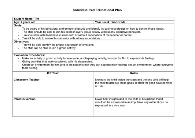 individualized learning plan for students with special needs | DOCX ...
