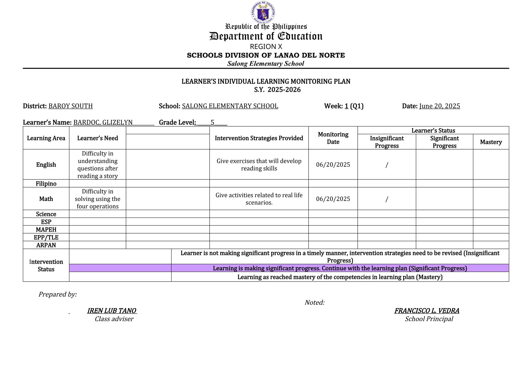 INDIVIDUAL LEARING MONITORING PLAN Grade 5 2025-2026 1st quarter.docx