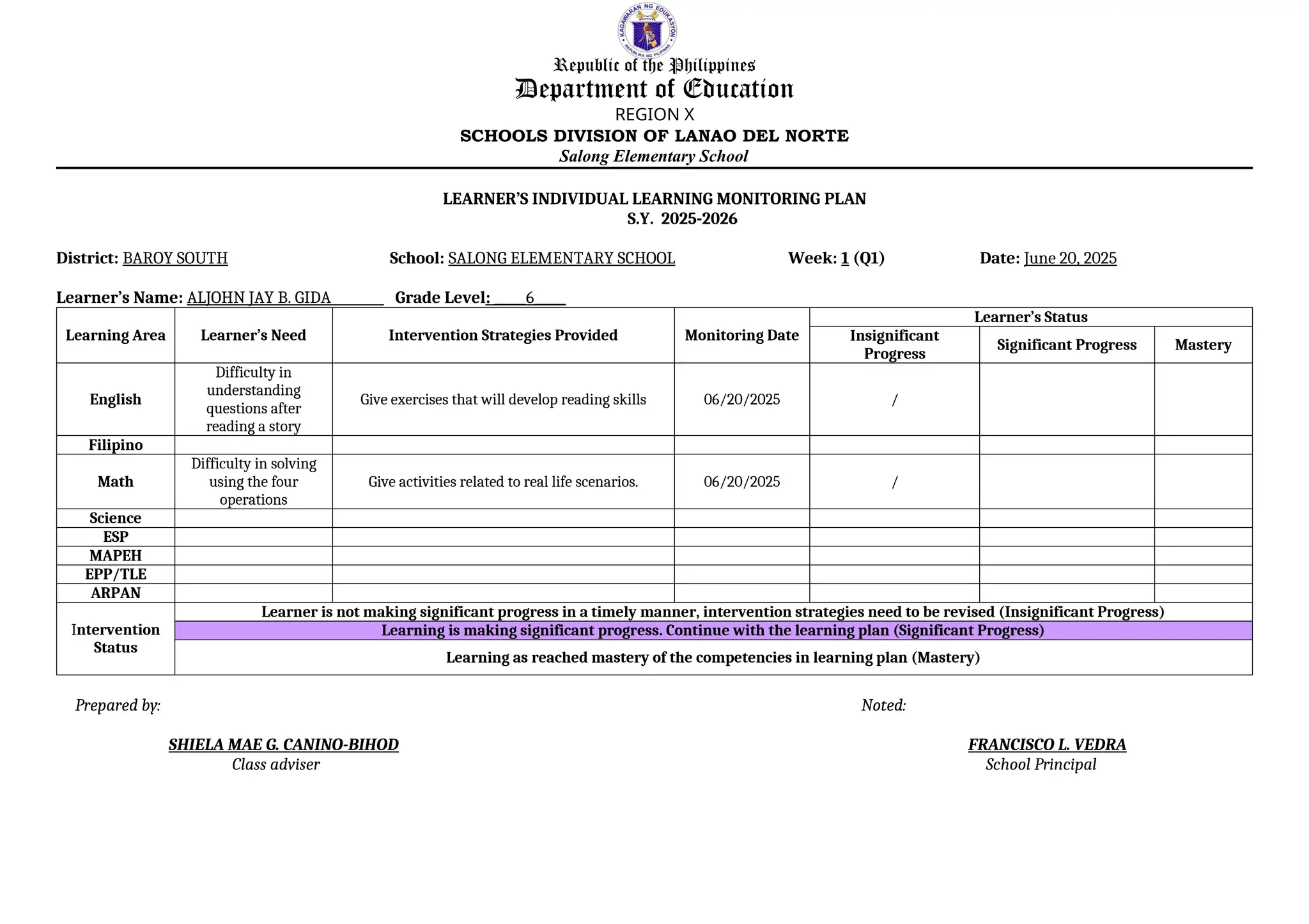 INDIVIDUAL LEARNING MONITORING PLAN. Grade 6 2025-2026 1st quarter.docx