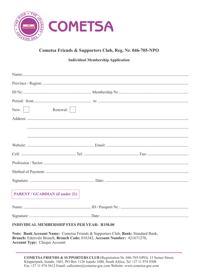 Individual Membership Application Form: COMETSA Friends & Supporters ...