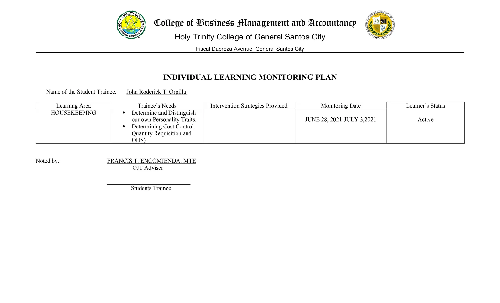 Individual Monitoring Plan housekeeping week 2.docx