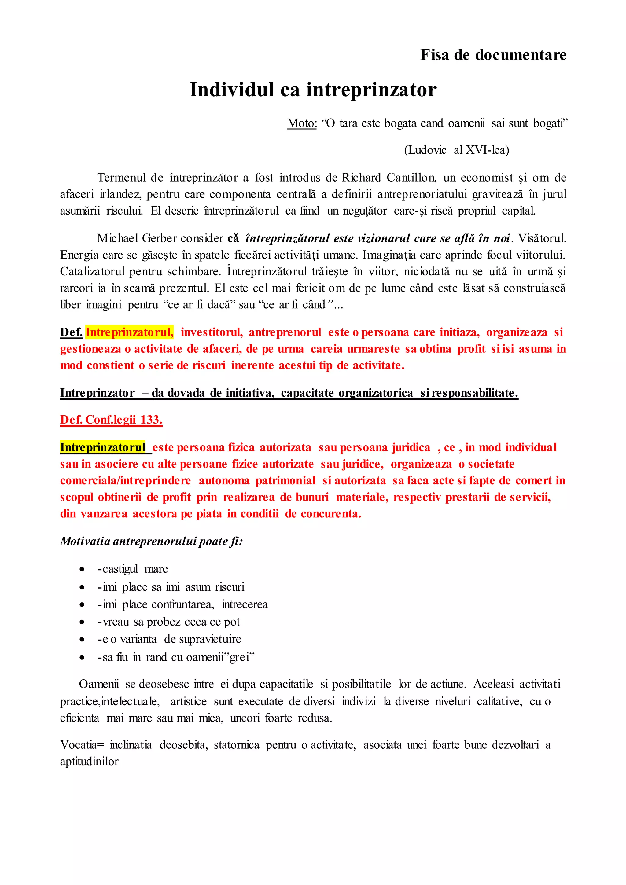 Individul ca intreprinzator fisa de documentare | DOCX