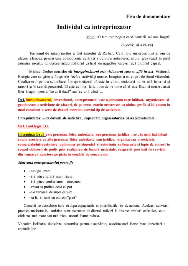 Individul ca intreprinzator fisa de documentare | DOCX