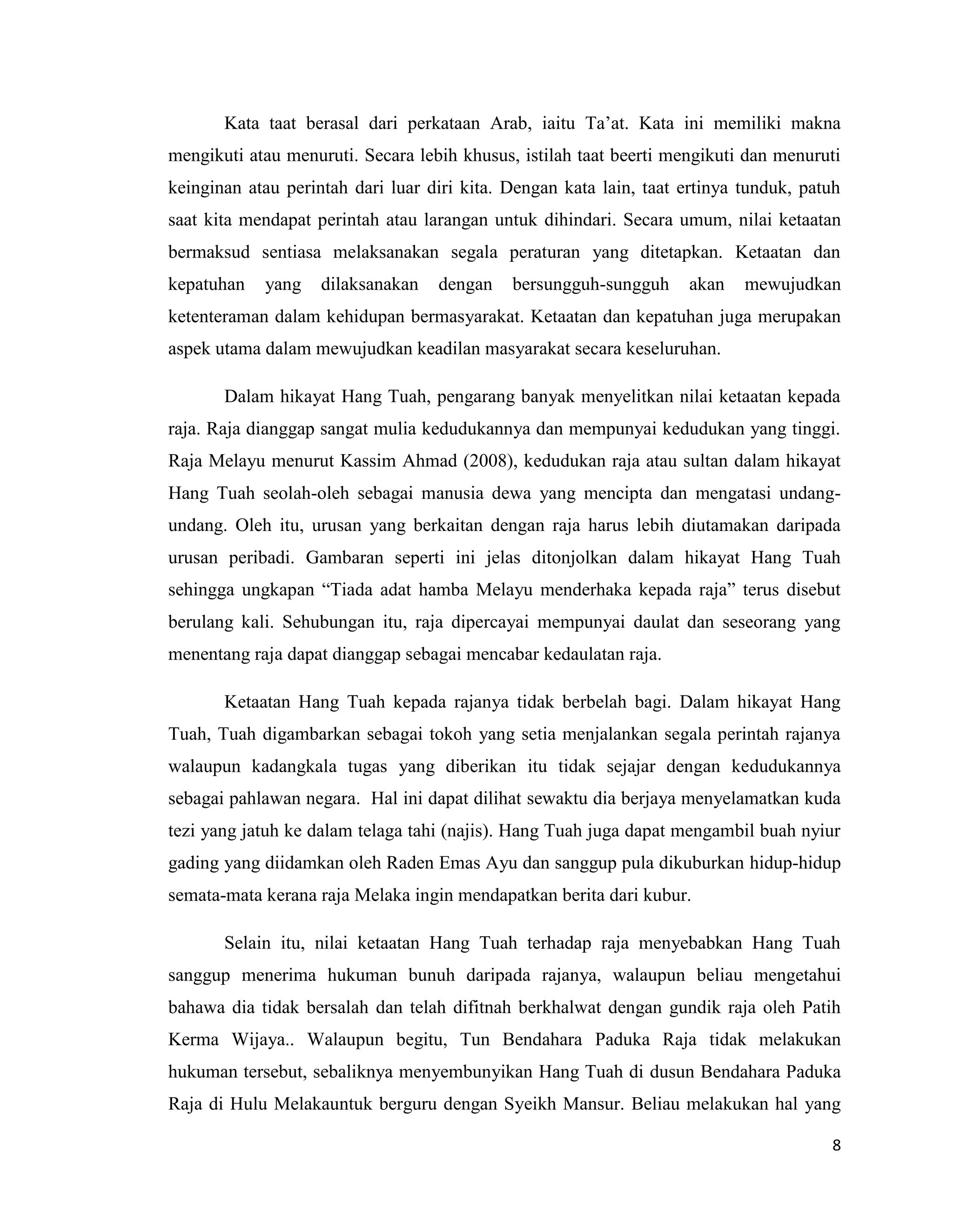 Individu (nilai ketaatan & penderhakaan hikayat hang tuah) | DOCX