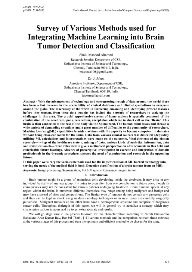 Survey of various methods used for integrating machine learning into brain tumor detection and ...