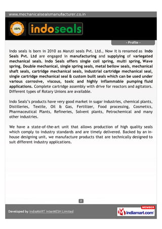 Indo Seals Pvt. Ltd., Nashik, Industrial Mechanical Seals | PDF