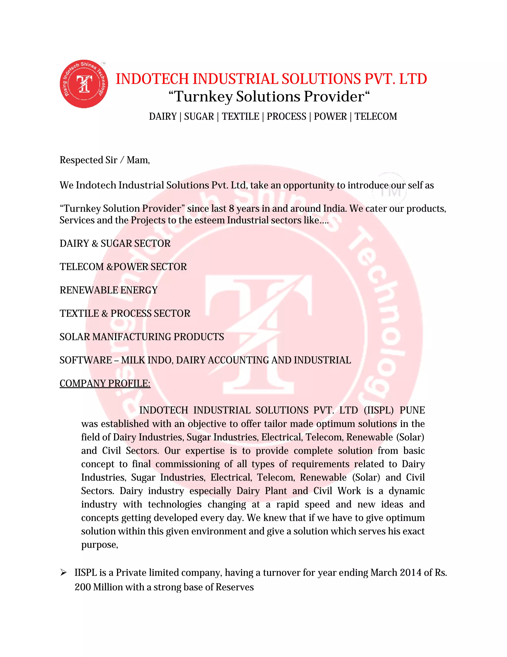 Indotech Industrial Solutions Pvt. ltd. Introduction Letter. | PDF