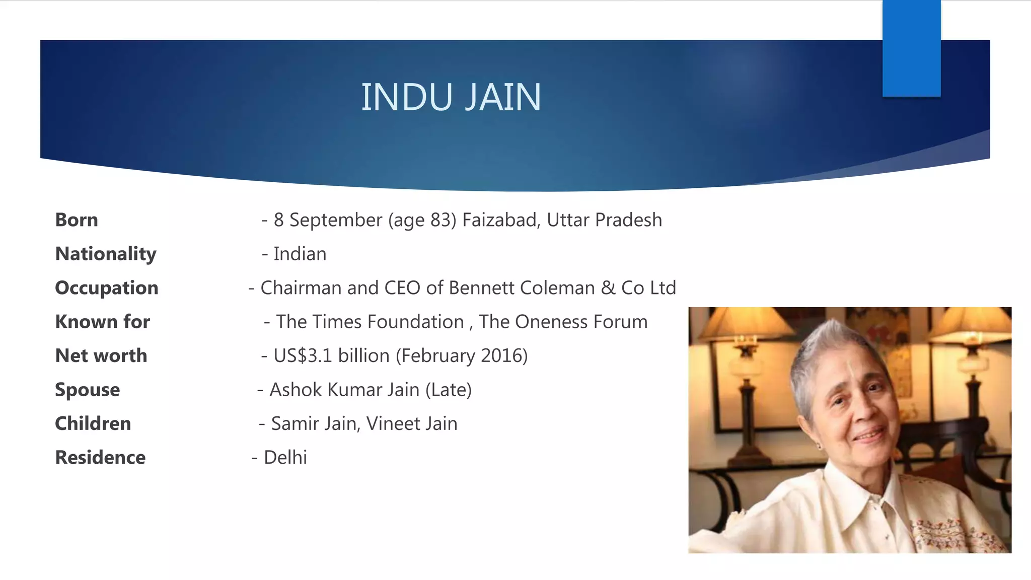 WOMEN ENTREPRENEUR - INDU JAIN | PPTX