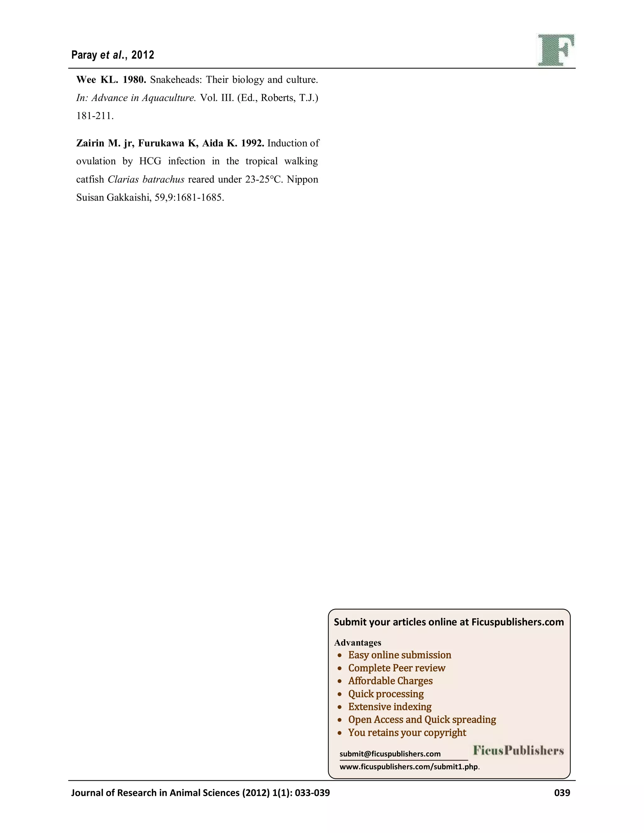 Induced ovulation and spawning of a striped snakehead murrel, Channa ...
