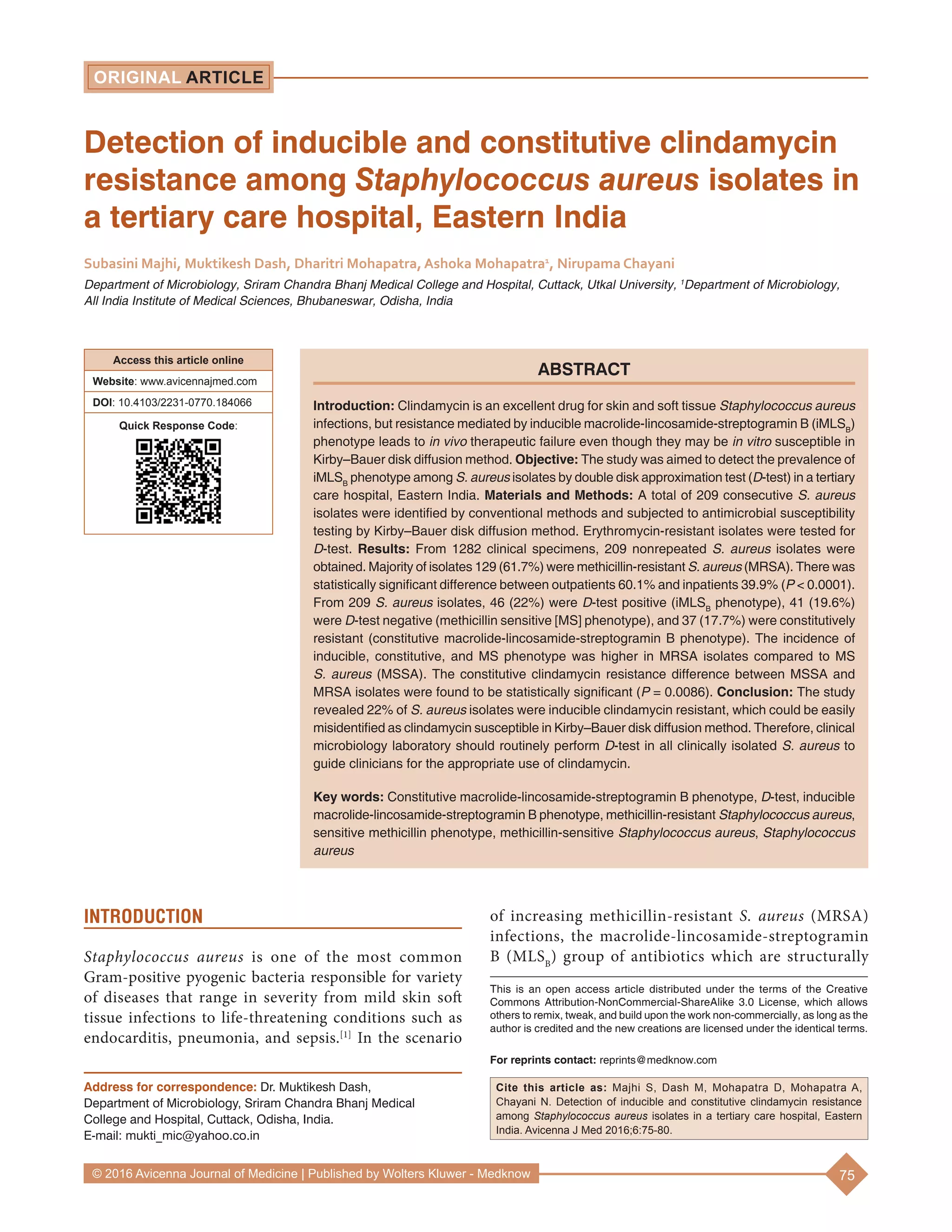 Detection of inducible and constitutive clindamycin resistance among Staphylococcus aureus ...