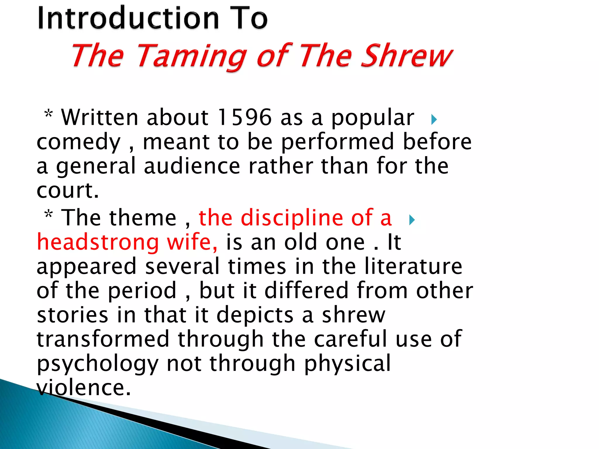 Induction & act i of the taming of the shrew by dr. fawzia aseel | PPT
