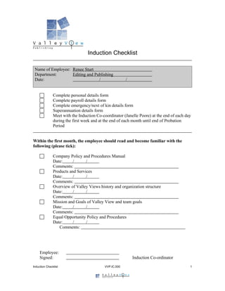 Induction Checklist | PDF
