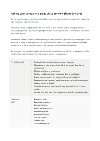 Induction checklist - To plan your next induction | PDF