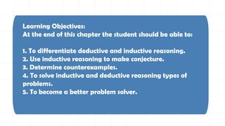 Inductive reasoning involves drawing conclusions from specific observations, while deductive ...