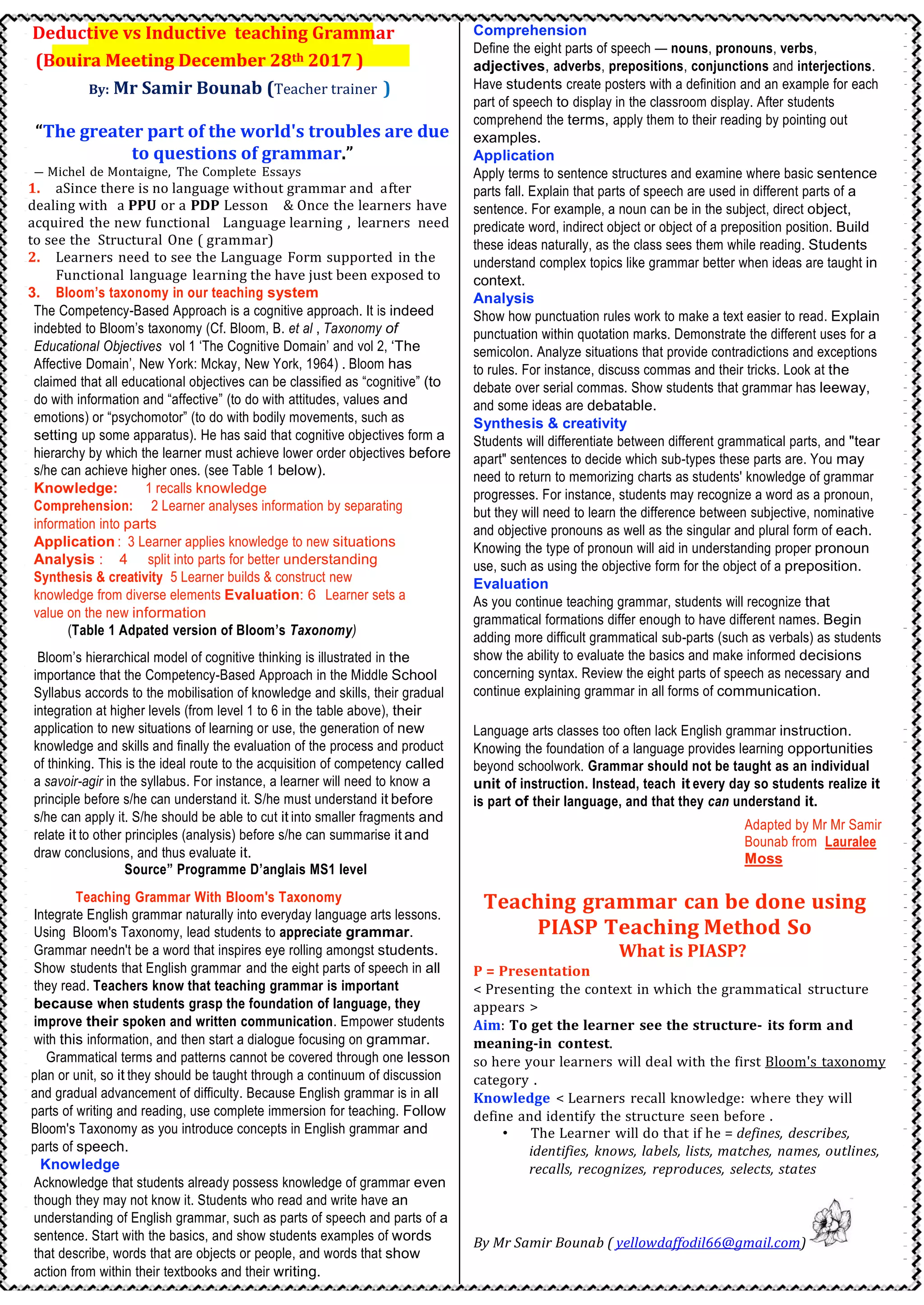 Inductive & deductive teaching grammar bouira december 28 th 2017 | PDF | Educational Assessment ...