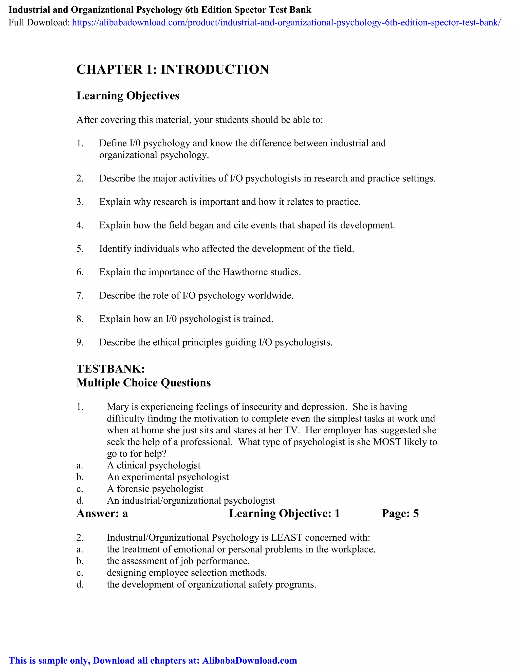 Industrial and Organizational Psychology 6th Edition Spector Test Bank ...