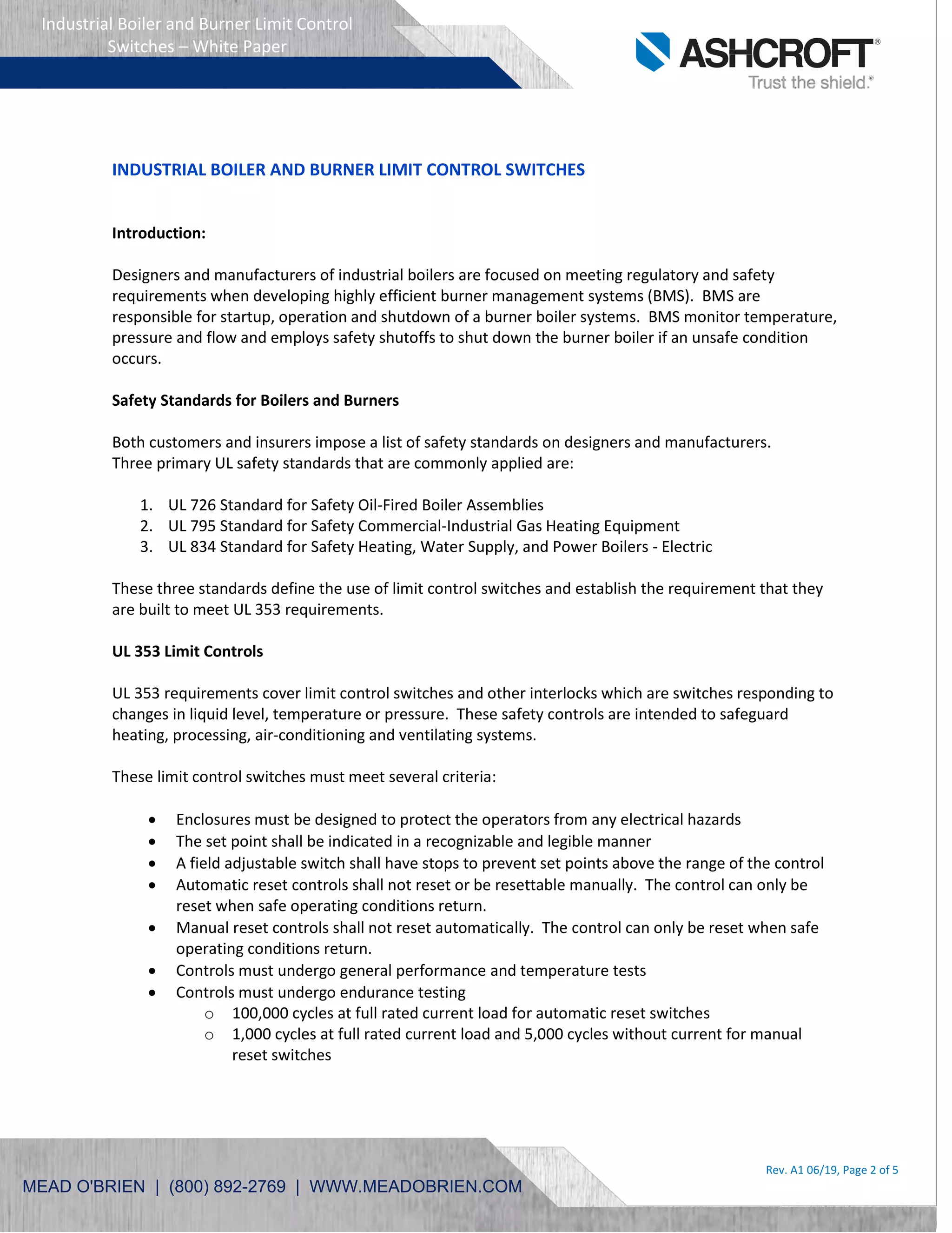 Industrial Boiler and Burner Limit Control Switches | PDF