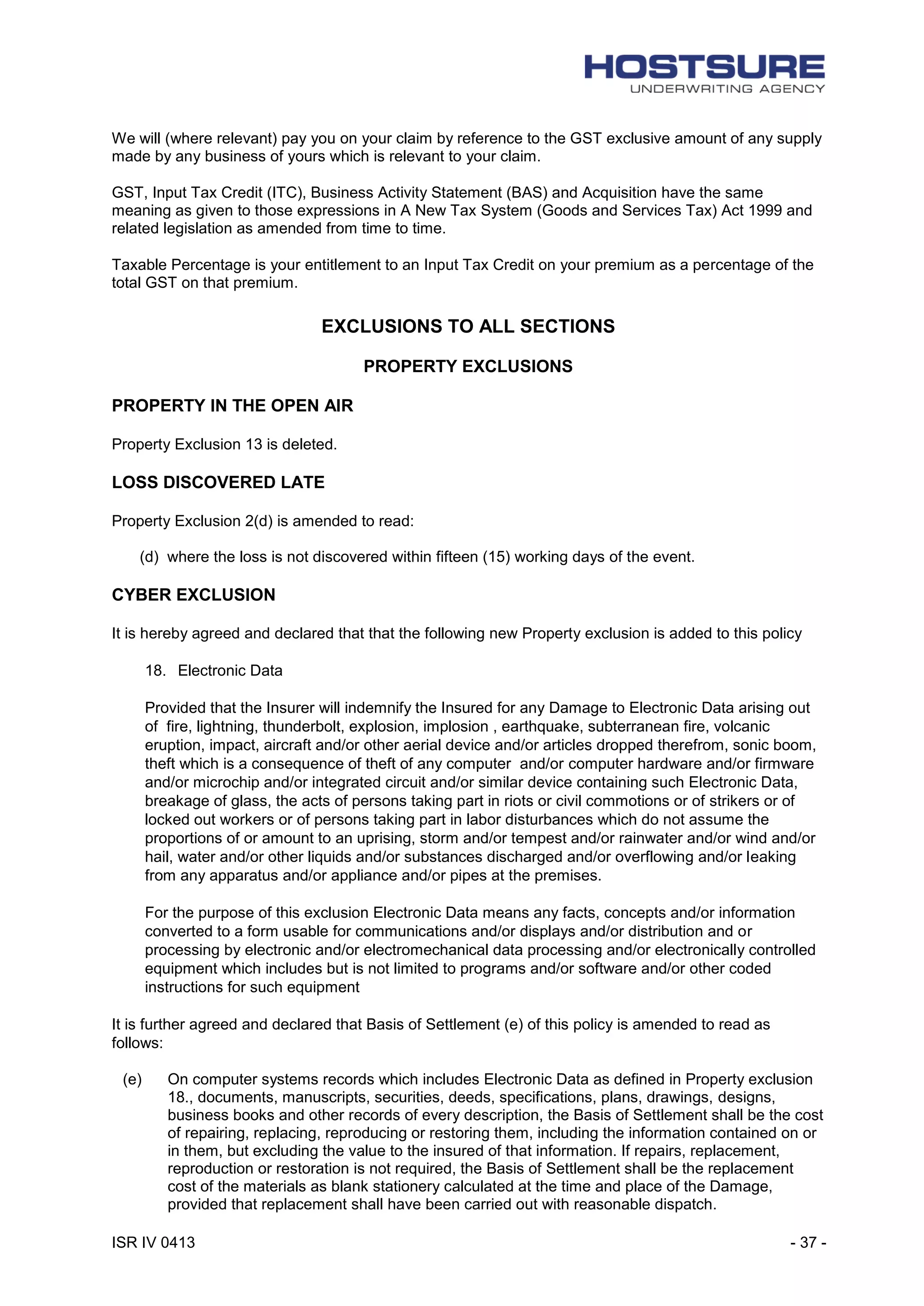 Hostsure Industrial Special Risks Insurance Policy | PDF