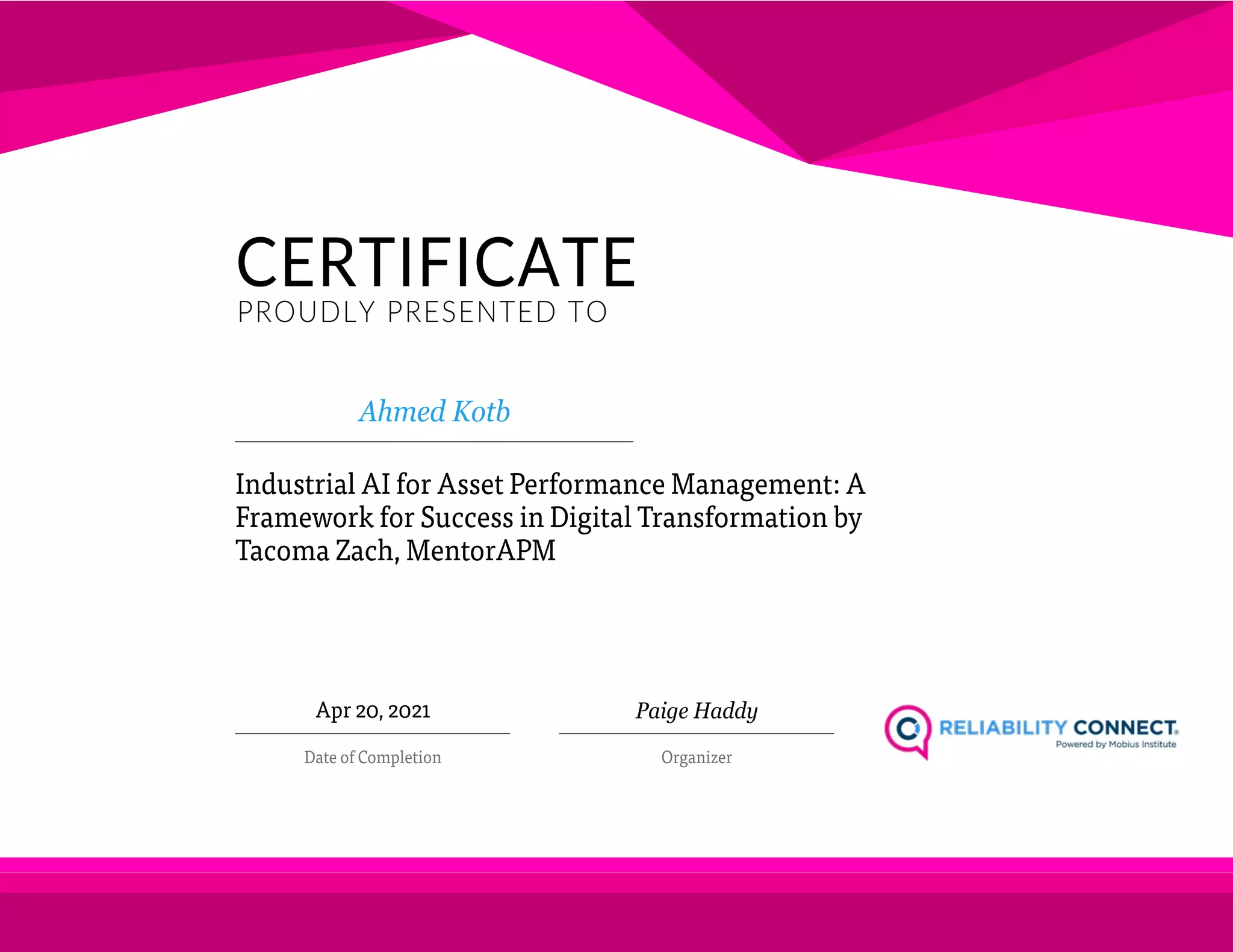 Certificate of Completion "Industrial AI for asset performance management: a framework for ...
