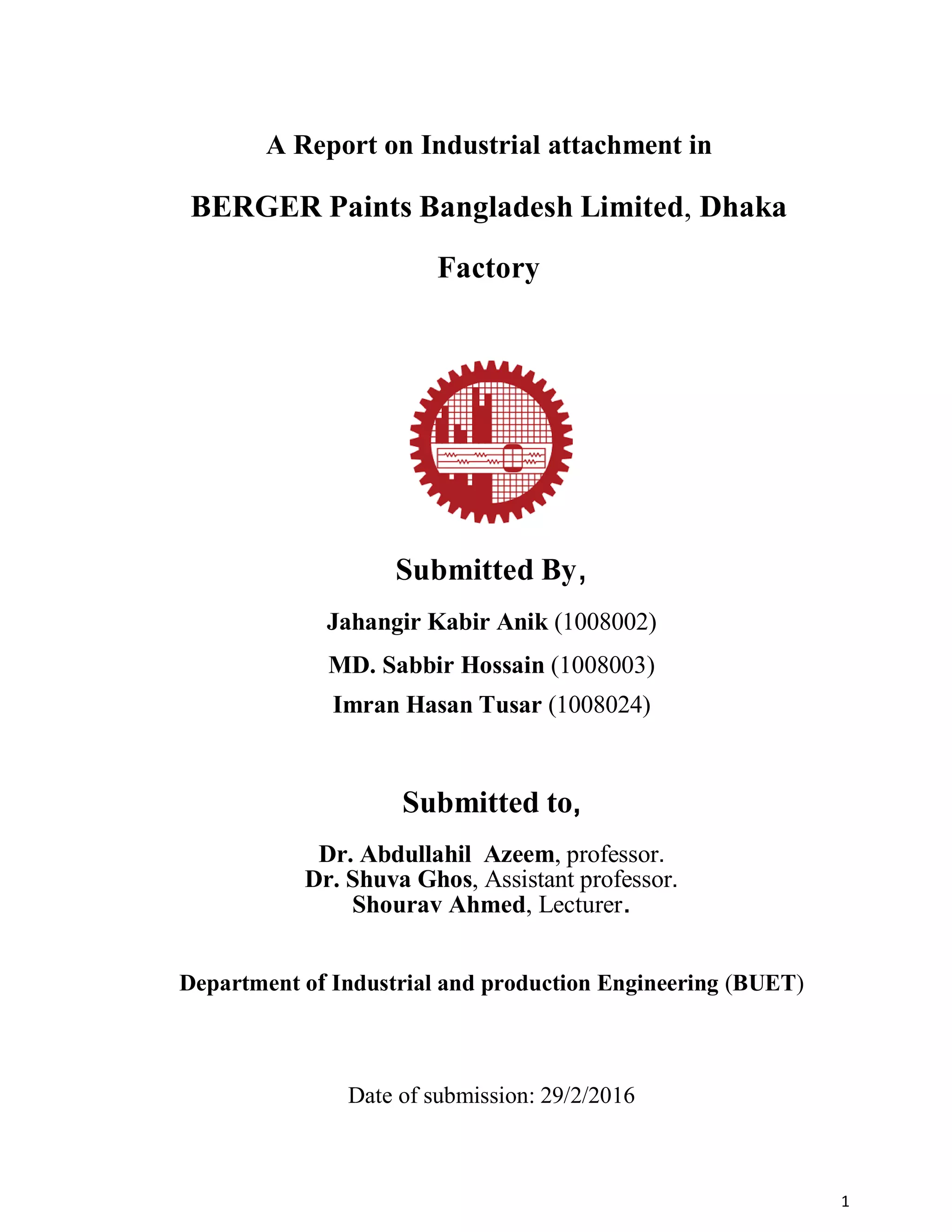 Industrial attachment reports on "Berger Paints Bangladesh Ltd." (2016 ...