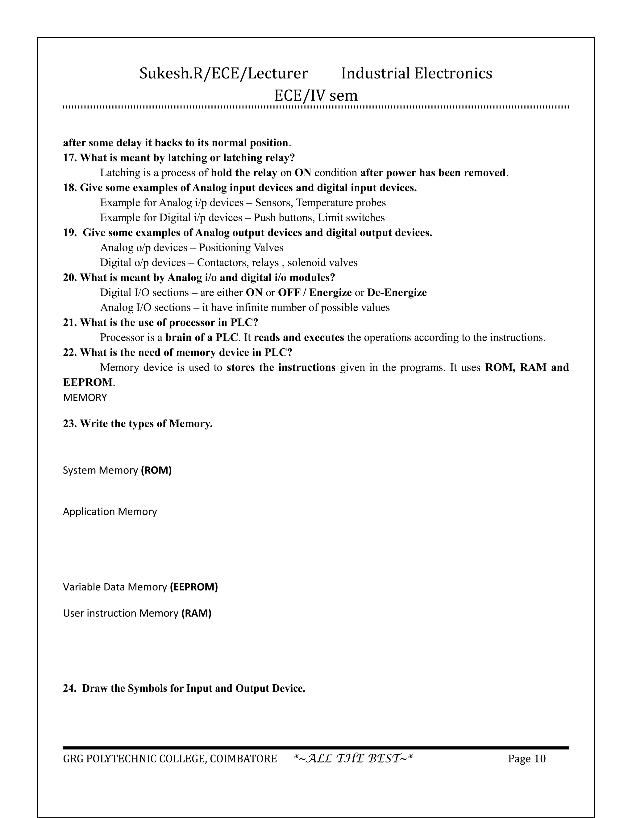 Industrial electronics 1 marks- polytechnic | RTF | Consumer Electronics | Technology & Computing