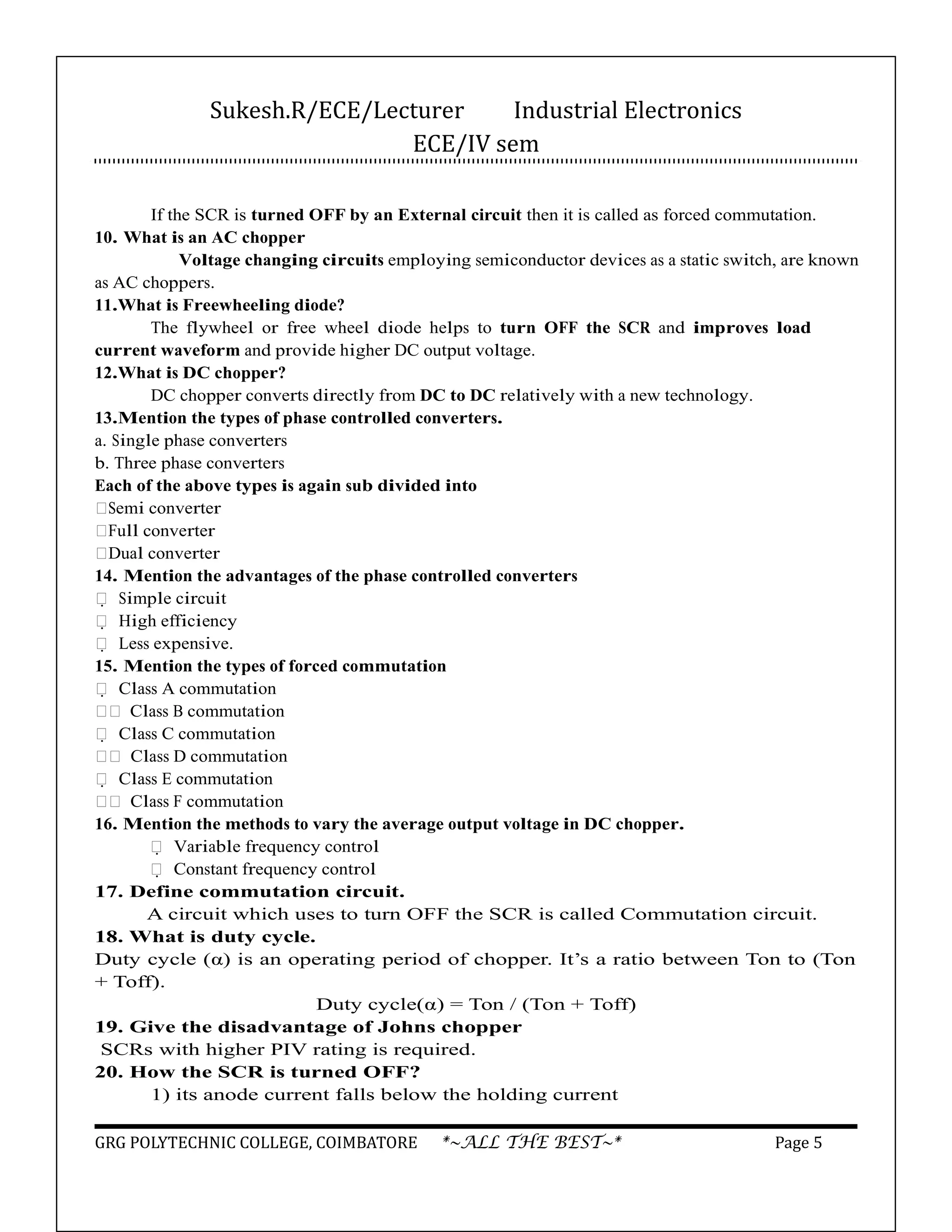 Industrial electronics 1 marks- polytechnic | RTF | Consumer Electronics | Technology & Computing