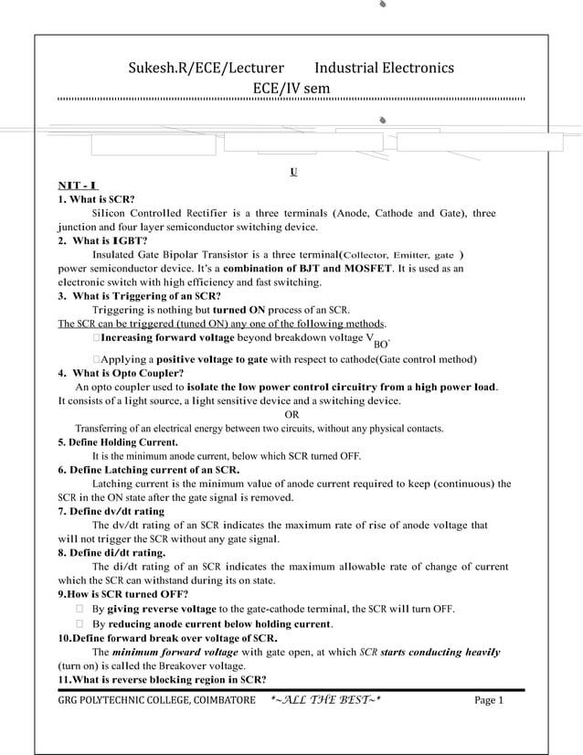 Industrial electronics 1 marks- polytechnic | RTF | Consumer Electronics | Technology & Computing