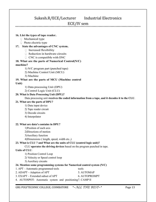 Industrial electronics 1 marks- polytechnic | RTF | Consumer Electronics | Technology & Computing