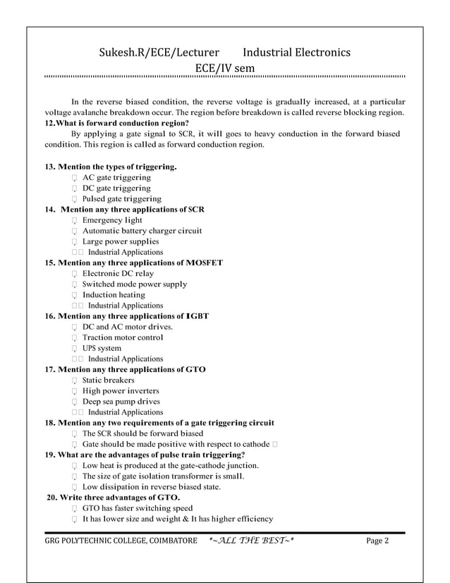 Industrial electronics 1 marks- polytechnic | RTF | Consumer Electronics | Technology & Computing