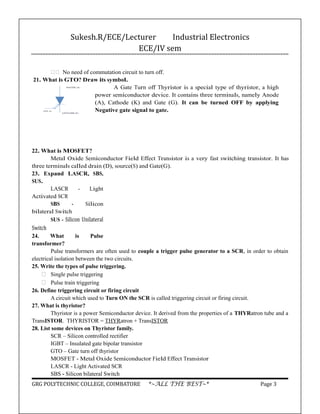Industrial electronics 1 marks- polytechnic | RTF | Consumer Electronics | Technology & Computing