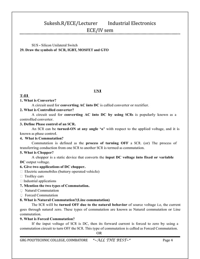 Industrial electronics 1 marks- polytechnic | RTF | Consumer Electronics | Technology & Computing