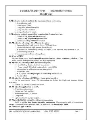 Industrial electronics 1 marks- polytechnic | RTF | Consumer Electronics | Technology & Computing