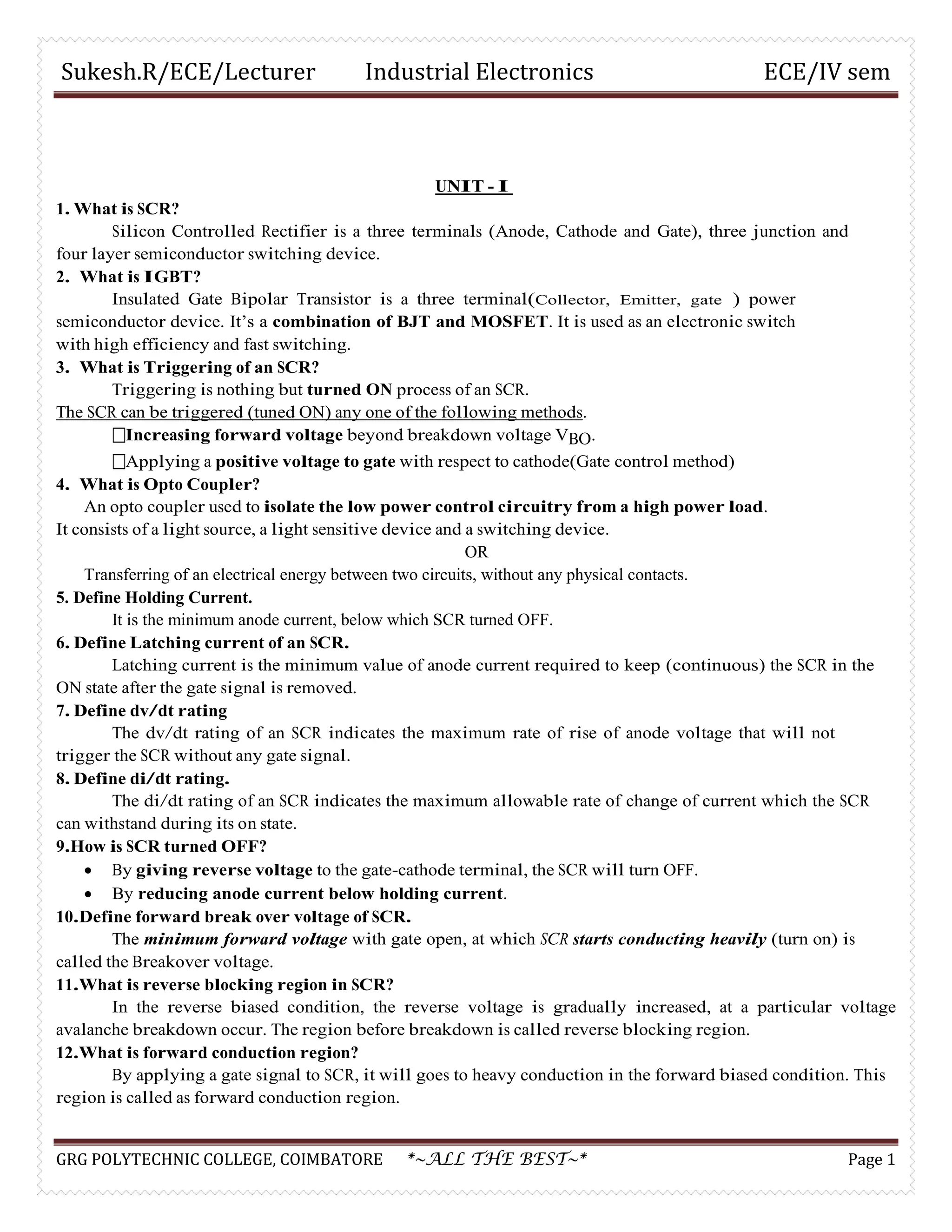 Industrial electronics 1 marks- polytechnic | PDF