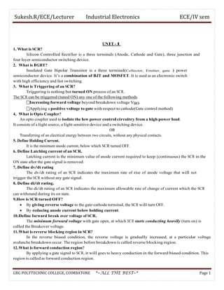 Industrial electronics 1 marks- polytechnic | PDF
