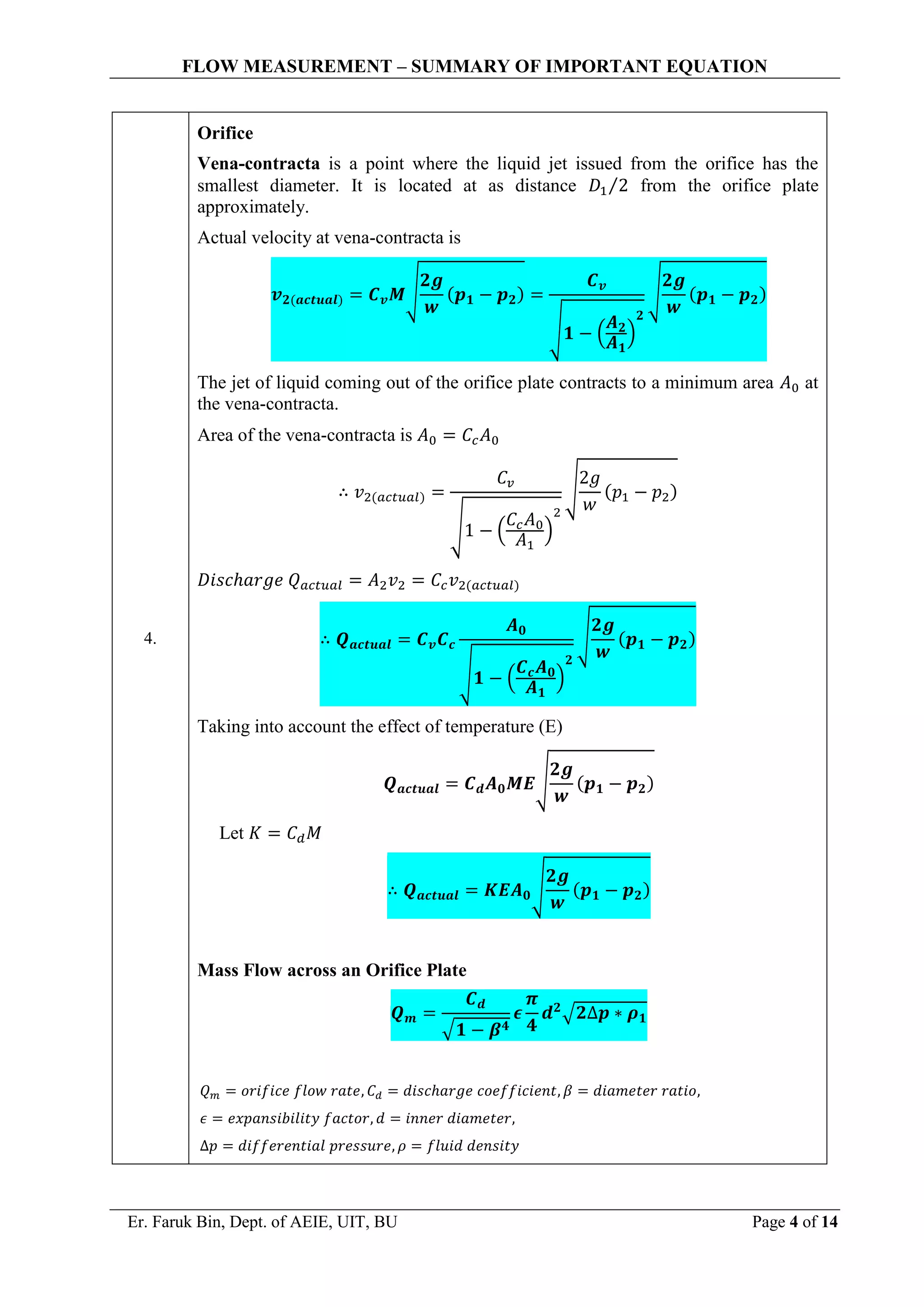 Industrial instrumentation flow measurement important equations | PDF