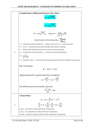 Industrial instrumentation flow measurement important equations | PDF