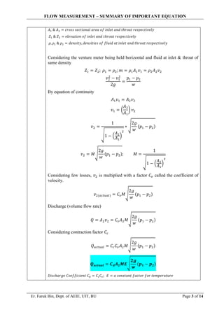 Industrial instrumentation flow measurement important equations | PDF