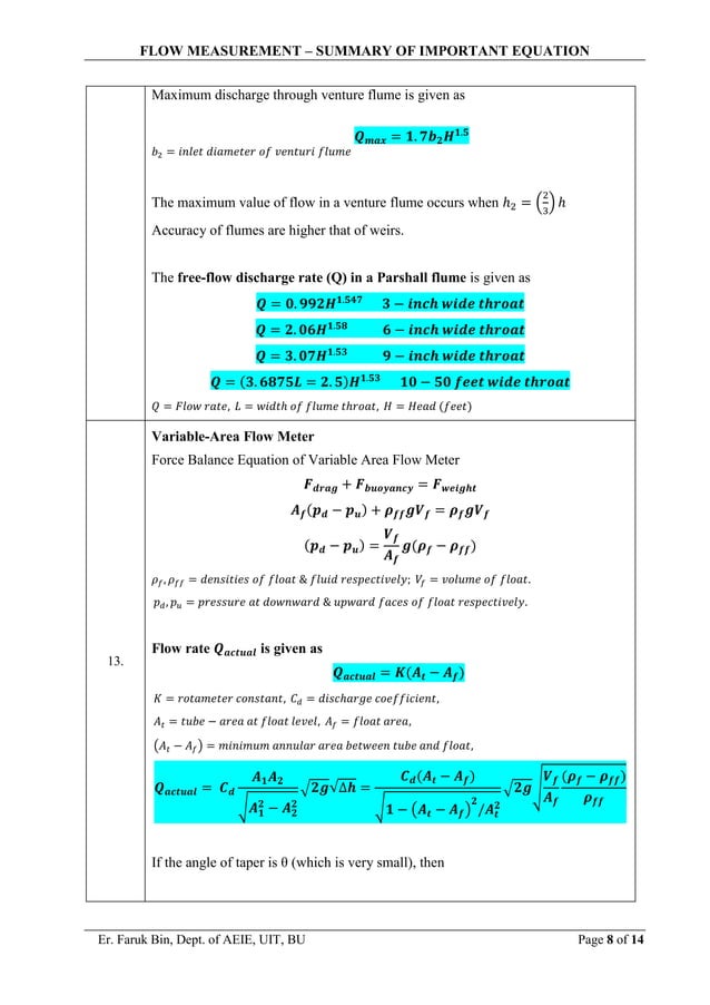 Industrial instrumentation flow measurement important equations | PDF